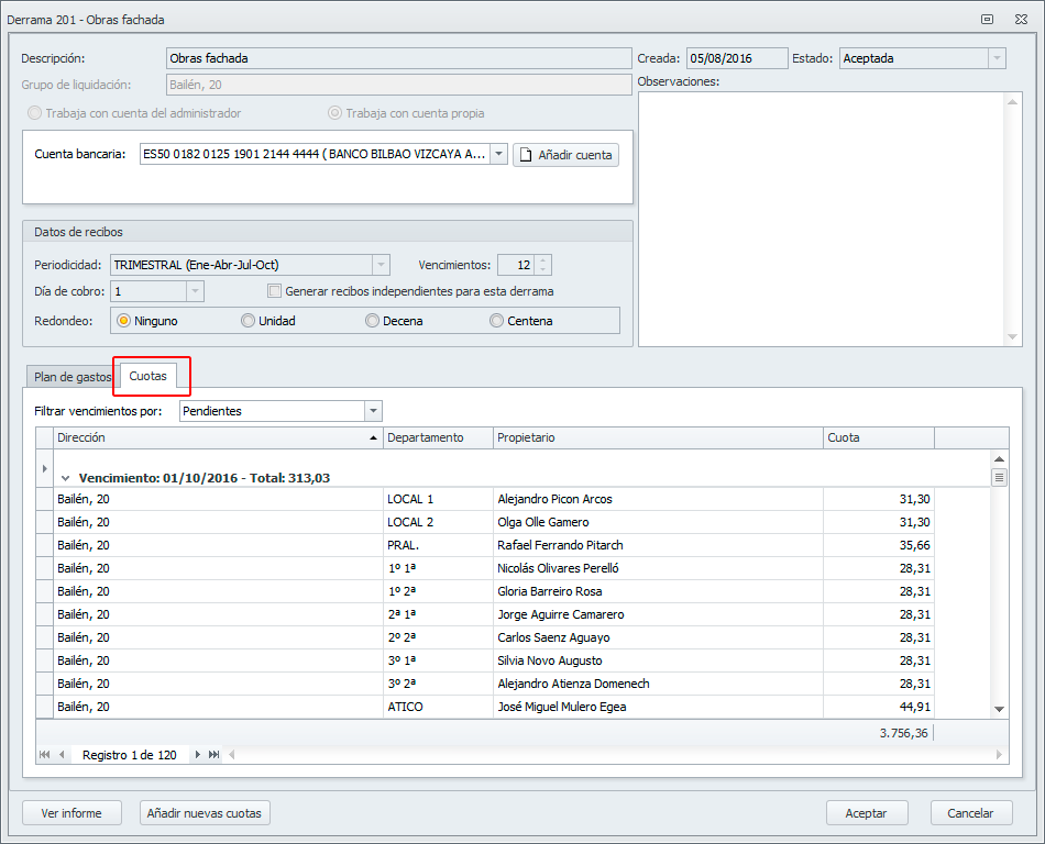 Creación de una derrama